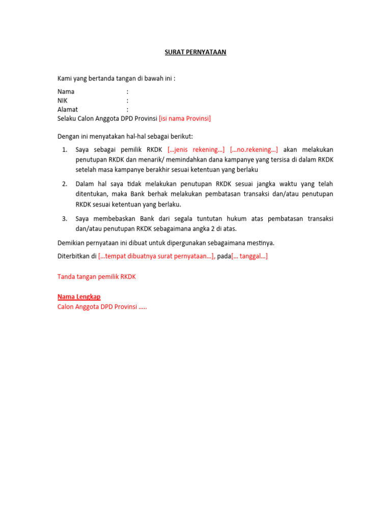 Template Surat Pernyataan RKDK DPD | PDF | Politik