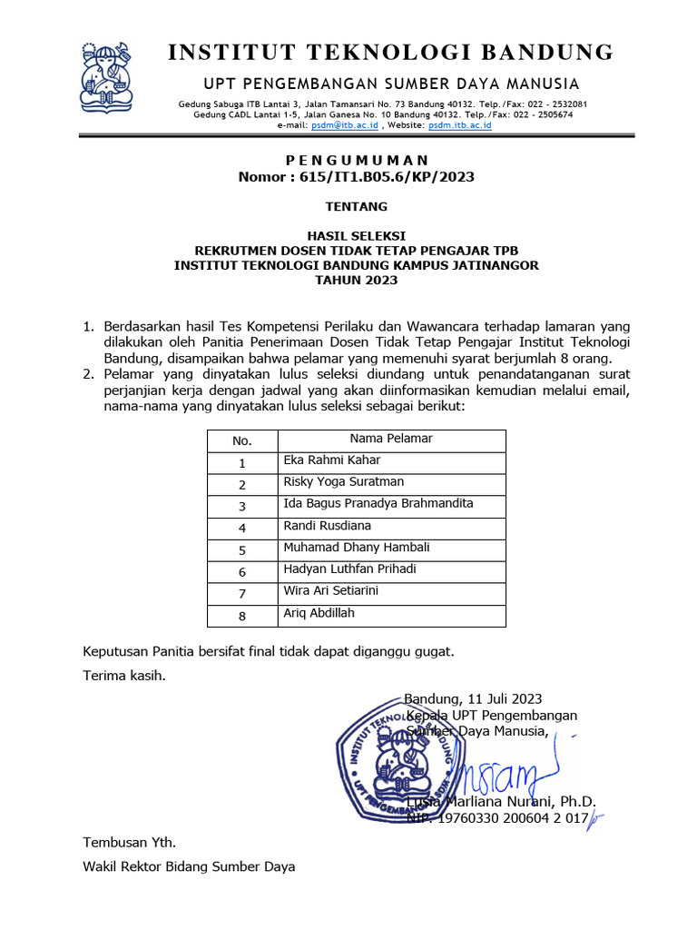 615 Hasil Seleksi Dosen Tidak Tetap Pengajar TPB Itb Kampus Jatinangor1 | PDF