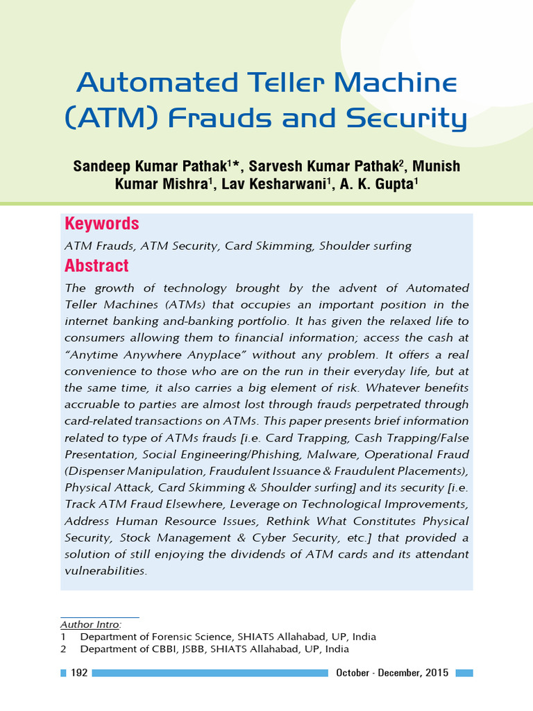 Automated Teller Machine ATM Frauds and Security | PDF | Automated Teller Machine | Debit Card
