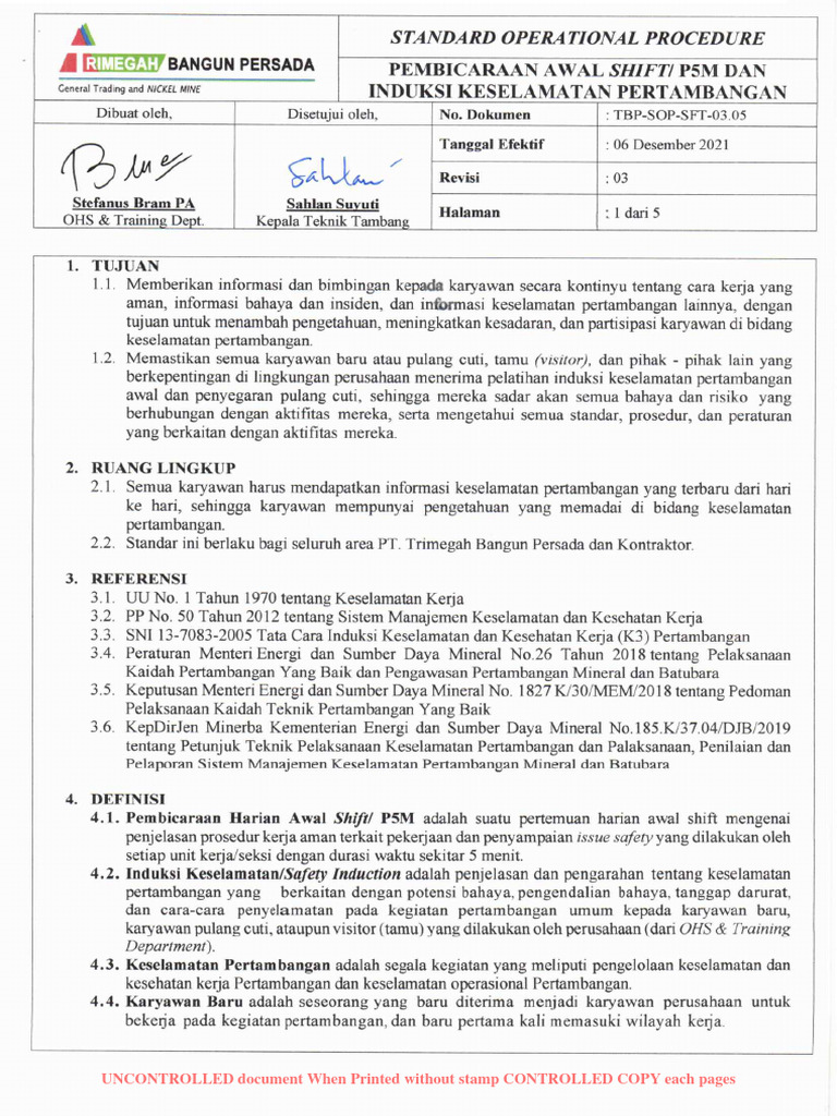 Tbp Sop Sft 03 05 Pembicaraan Awal Shift P5m Dan Induksi Keselamatan