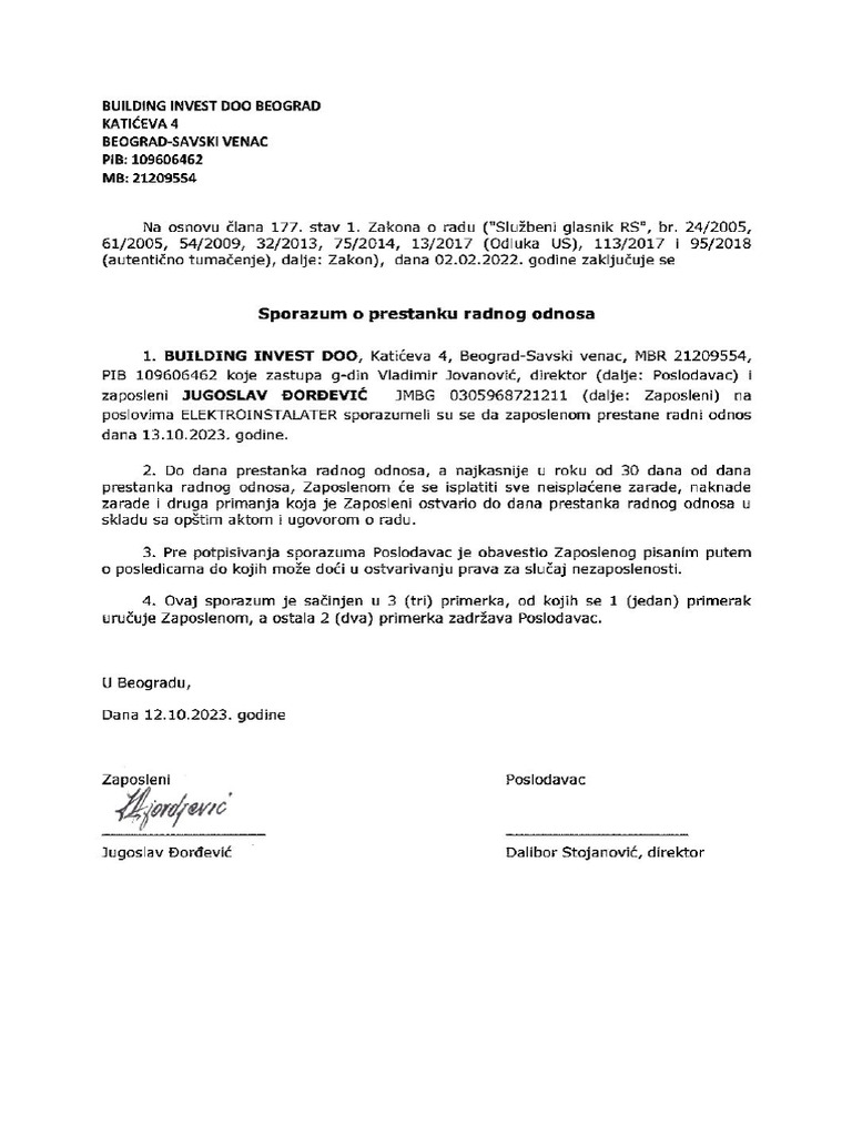 Sporazum - Raskid Ugovora o Radu - JUGOSLAV DJORDJEVIĆ | PDF
