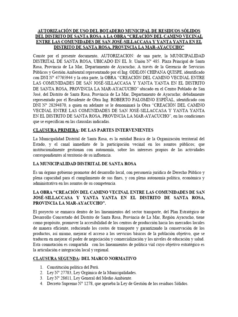 Convenio Entre La Municipalidad Distrital de Santa Rosa y La Obra ...