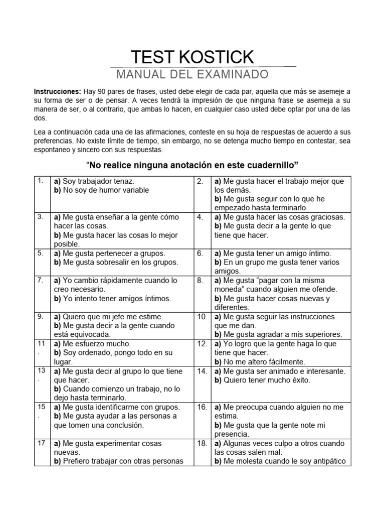 Test de Kostick: Manual del Examinado | PDF | Crecimiento personal y ...