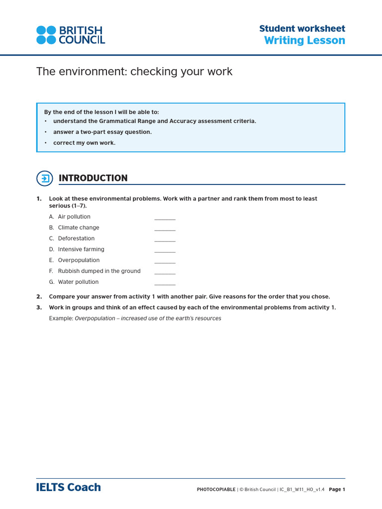The Environment: Checking Your Work: Writing Lesson | PDF | Pollution | Reason