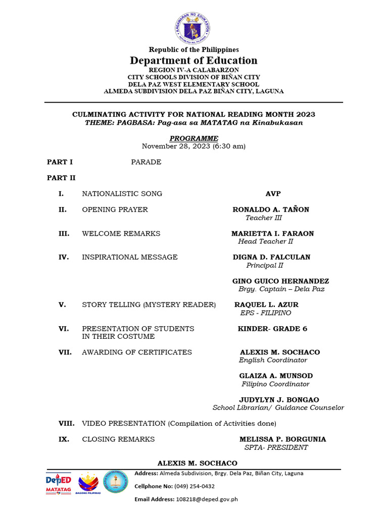 Culminating Activity of National Reading Month 2023 - Program | PDF