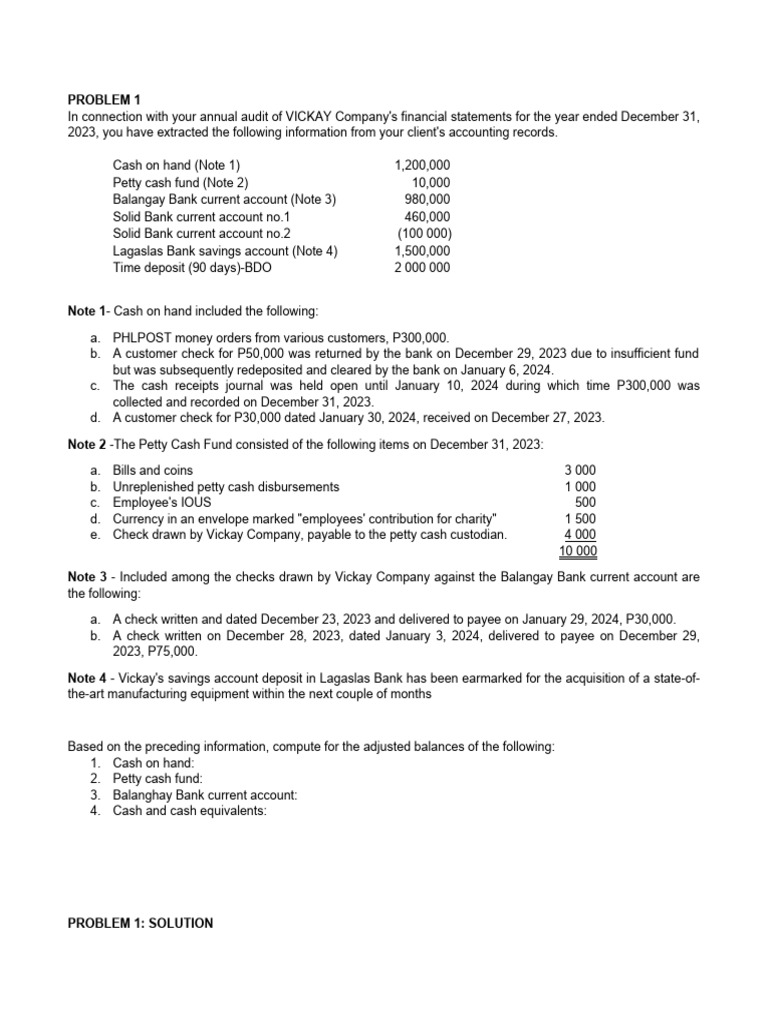 Auditing Concept Problems Cash and Cash Equivalent | PDF | Banks | Cash