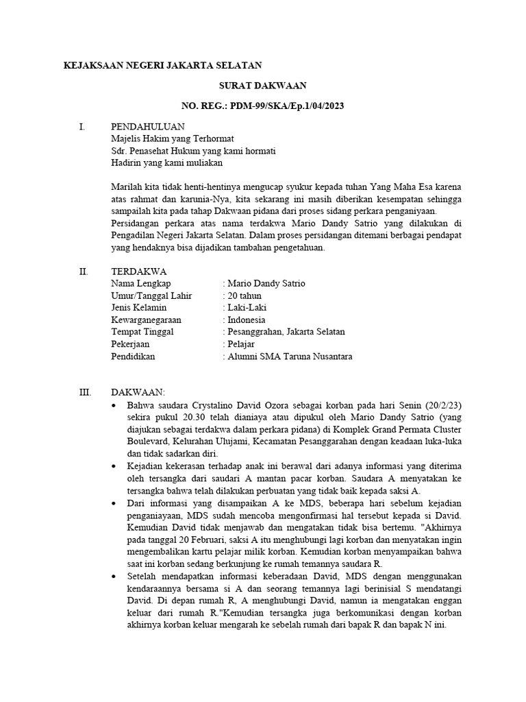Tugas 1 Surat Dakwaan Mario Dandy Satrio | PDF