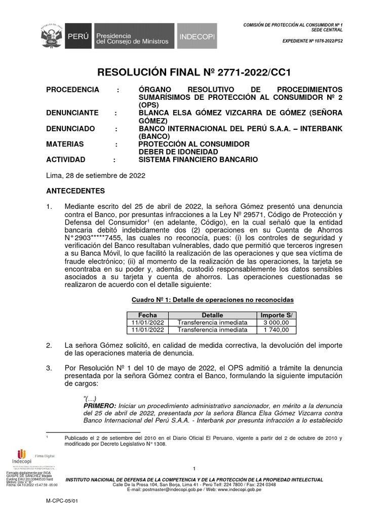 RESOLUCIÓN FINAL #2771-2022/CC1: Cuadro #1: Detalle de Operaciones No ...