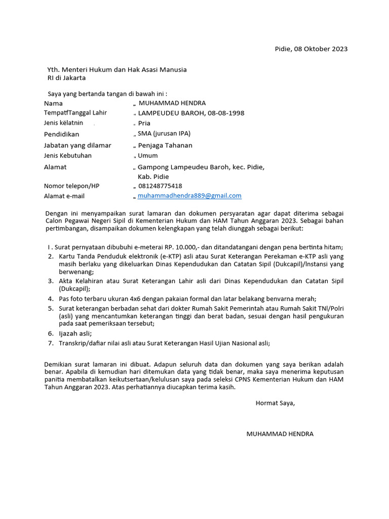 surat lamaran hendra (1) | PDF