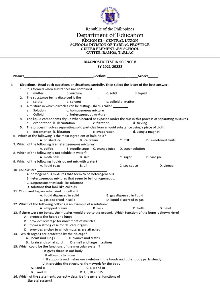 Science 6 Diagnostic Test | PDF | Mixture | Volcano
