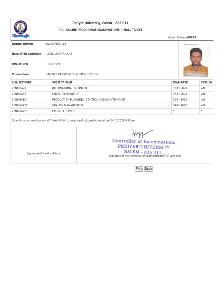 Hall Ticket - Periyar | PDF