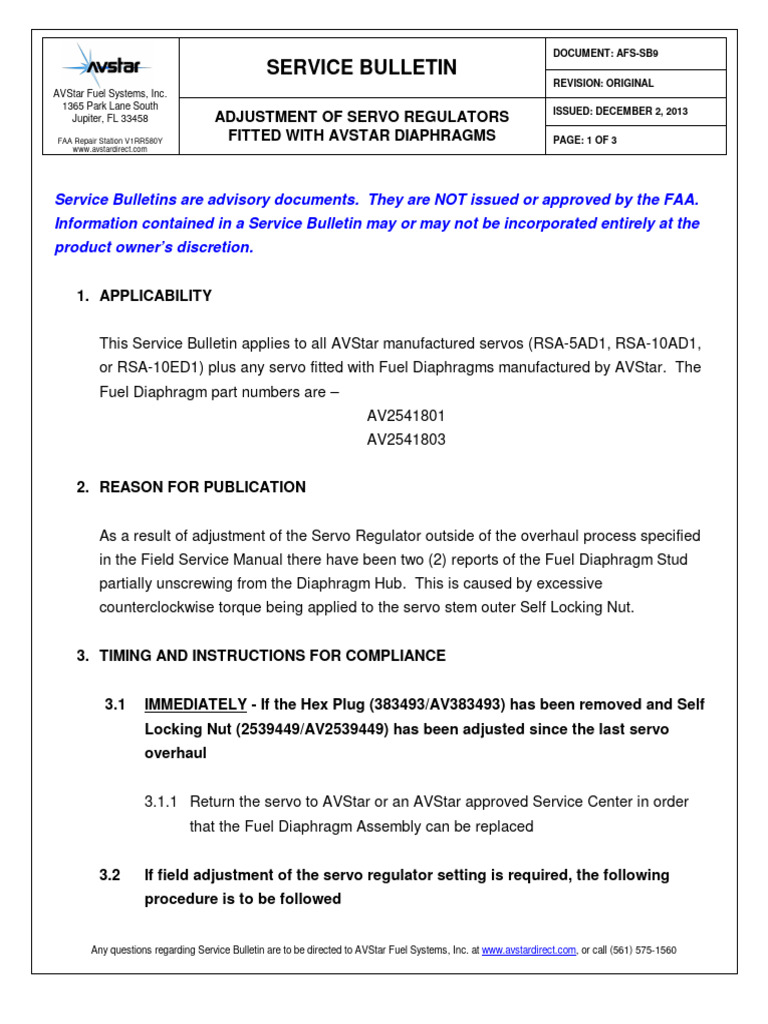 Service Bulletin AFS-SB9 Adjustment of Servo Regulators Fitted With AVStar Diaphragms-1 | PDF ...