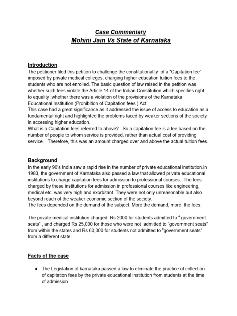 Case Commentary - Mohini Jain Vs State of Karnataka | Download Free PDF | Government | Justice