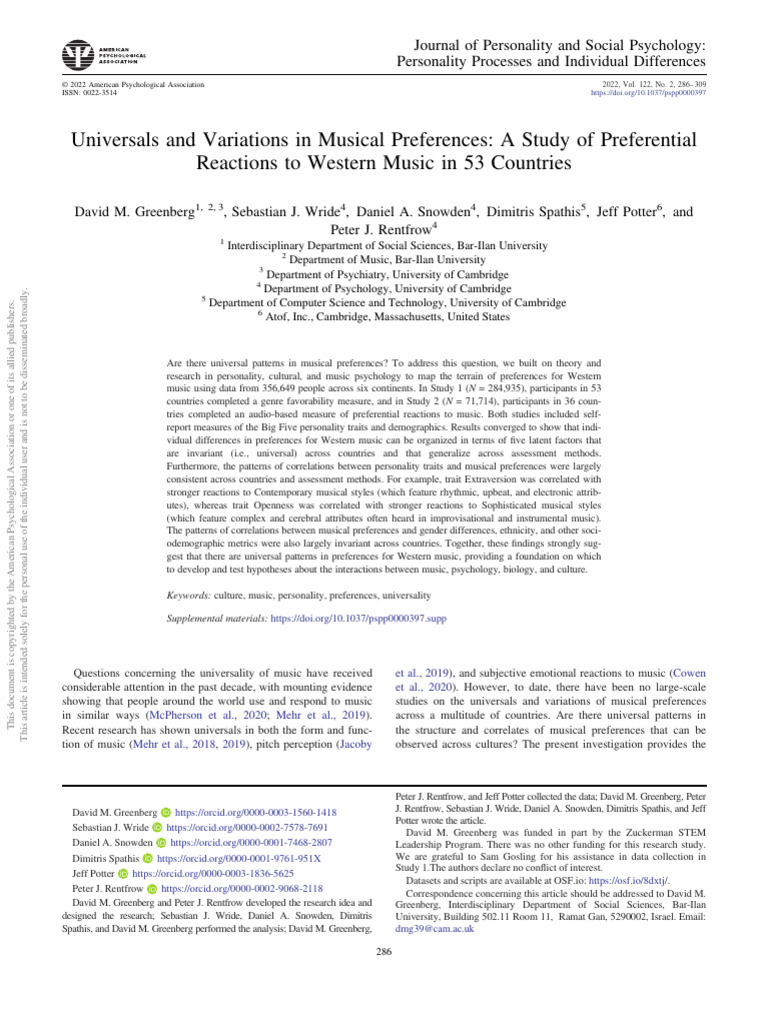GREENBERG Universals and Variations in Musical Preference | PDF ...
