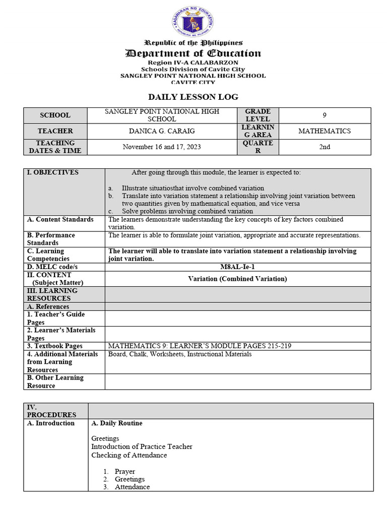 Grade 9 Combined Variation Lesson Plan | PDF | Area | Equations