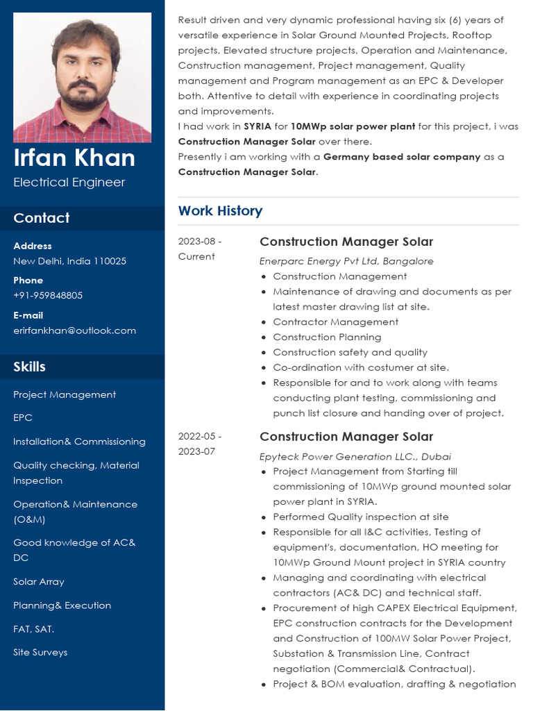 Irfan Khan Resume | PDF | Solar Power | Engineering