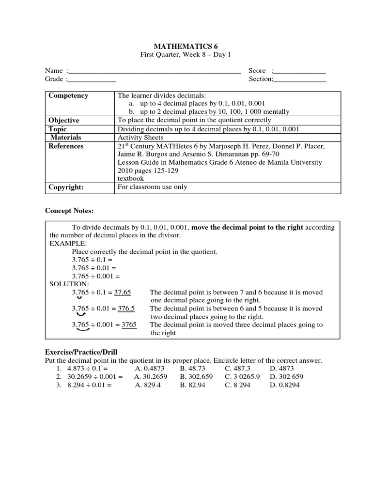 Math-6_Q1_LAS_Wk-8_Day-1-5 | PDF | Division (Mathematics ...