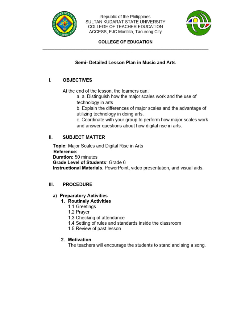 Major Scales and Digital Arts Lesson Plan | PDF | Scale (Music) | Teachers