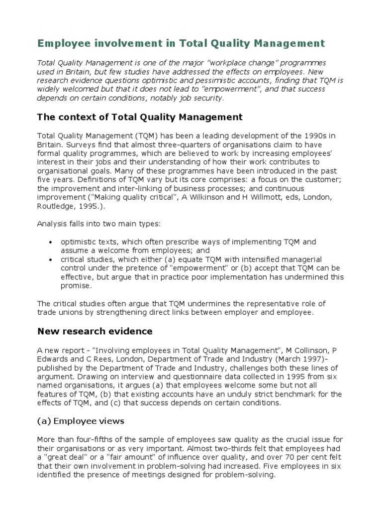 Employee Involvement in TQM Insights | PDF | Empowerment | Employment