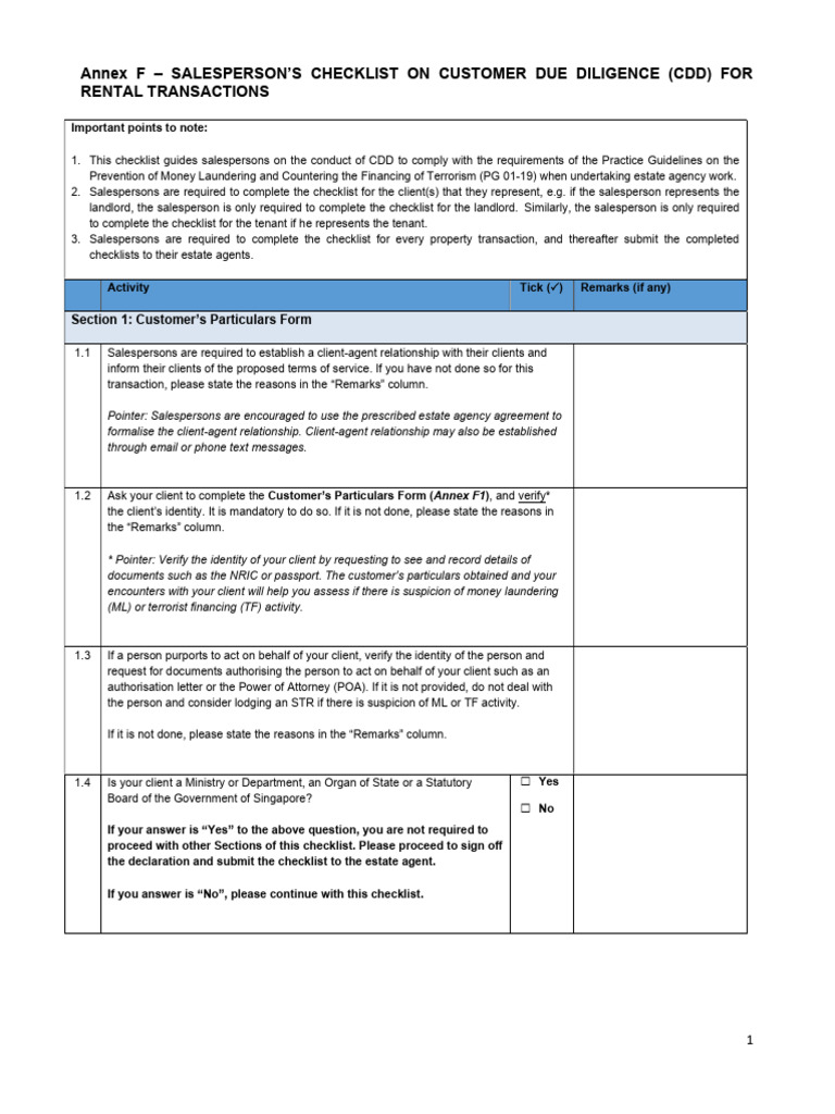 Annex F - Salesperson'S Checklist On Customer Due Diligence (CDD) For ...