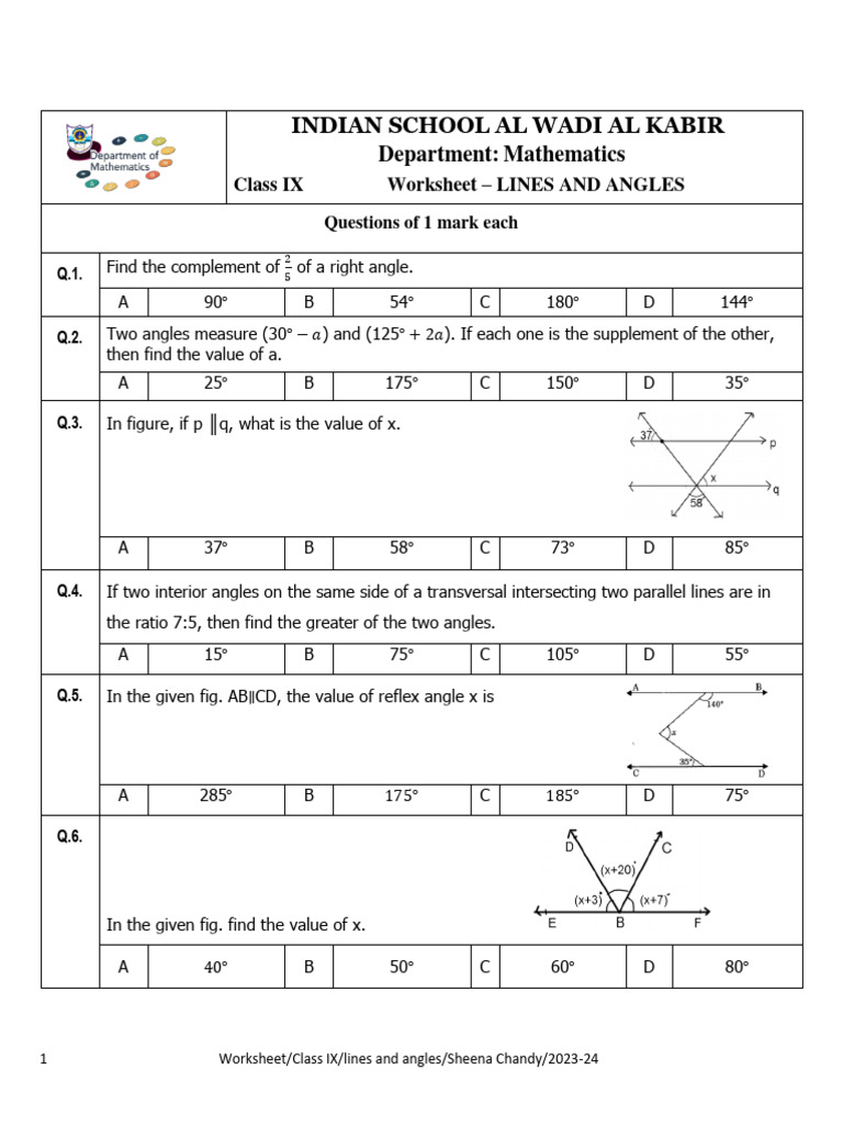 Cl09 Ws1 Lines and Angles Sheena 2023 24 | PDF | Angle | Mathematics