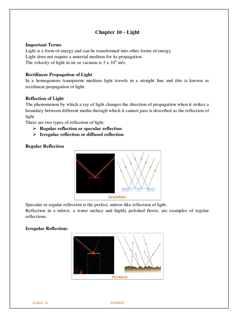 Chapter 10 - Light Reflection and Refraction Revision Notes | PDF ...