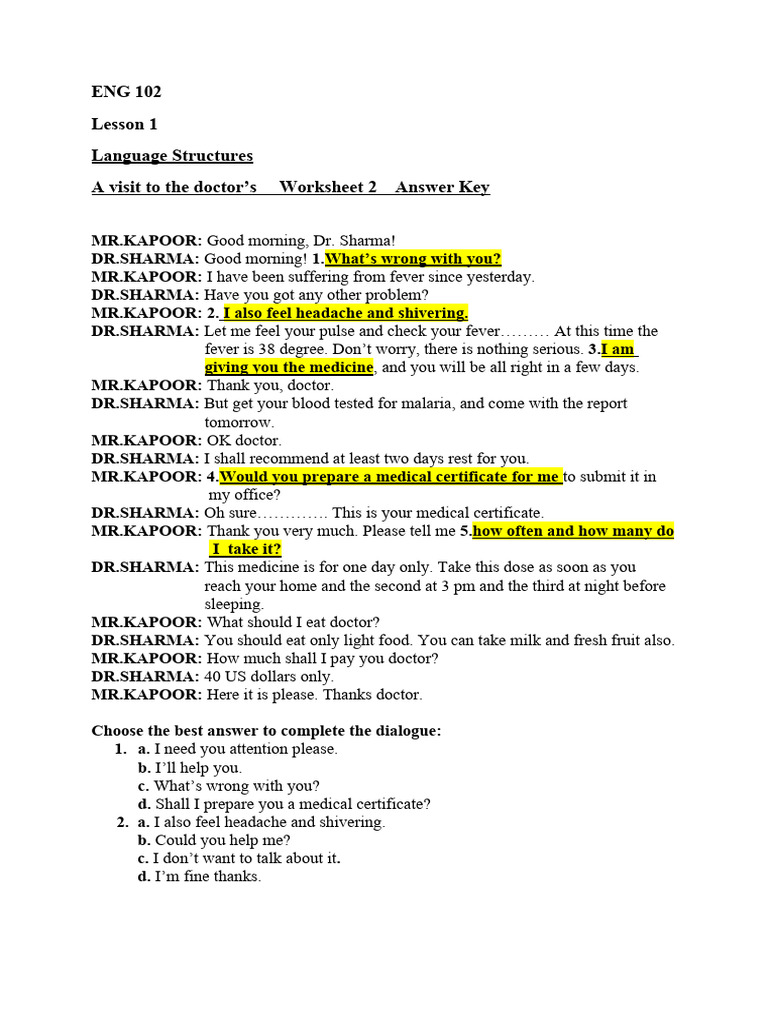ENG 102 Lesson 1 Worksheet2 Answer Key | PDF