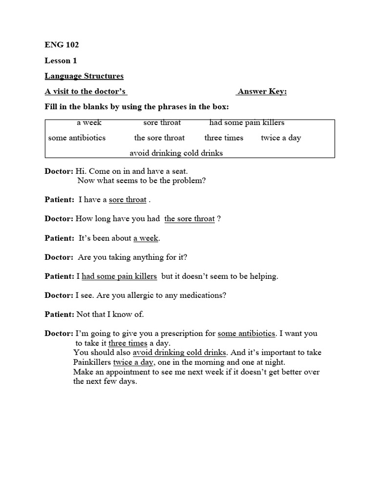 ENG 102 Lesson 1 A Visit To The Doctor Answer Key | PDF