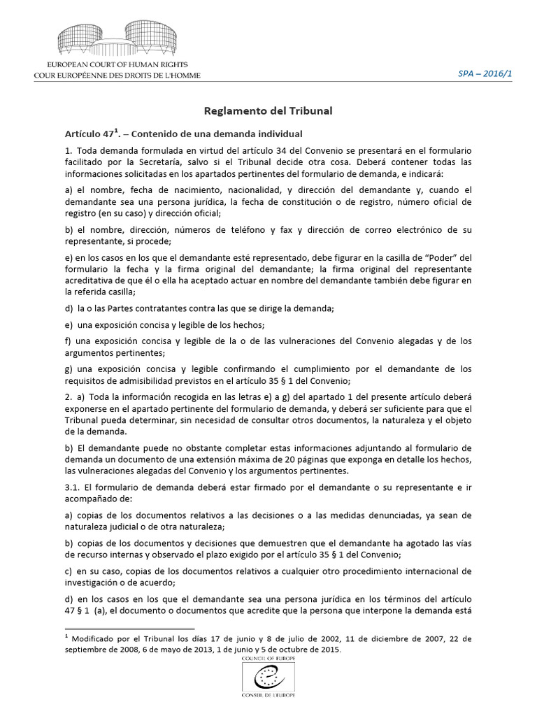 Rule 47 Reglameto TEDH SPA | PDF | Gobierno | Justicia Rule 47 Reglameto TEDH SPA | PDF | Gobierno | Justicia