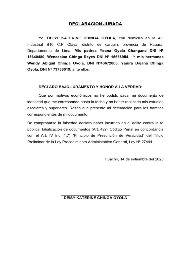 Declaracion Jurada Perdida de Documentos | PDF