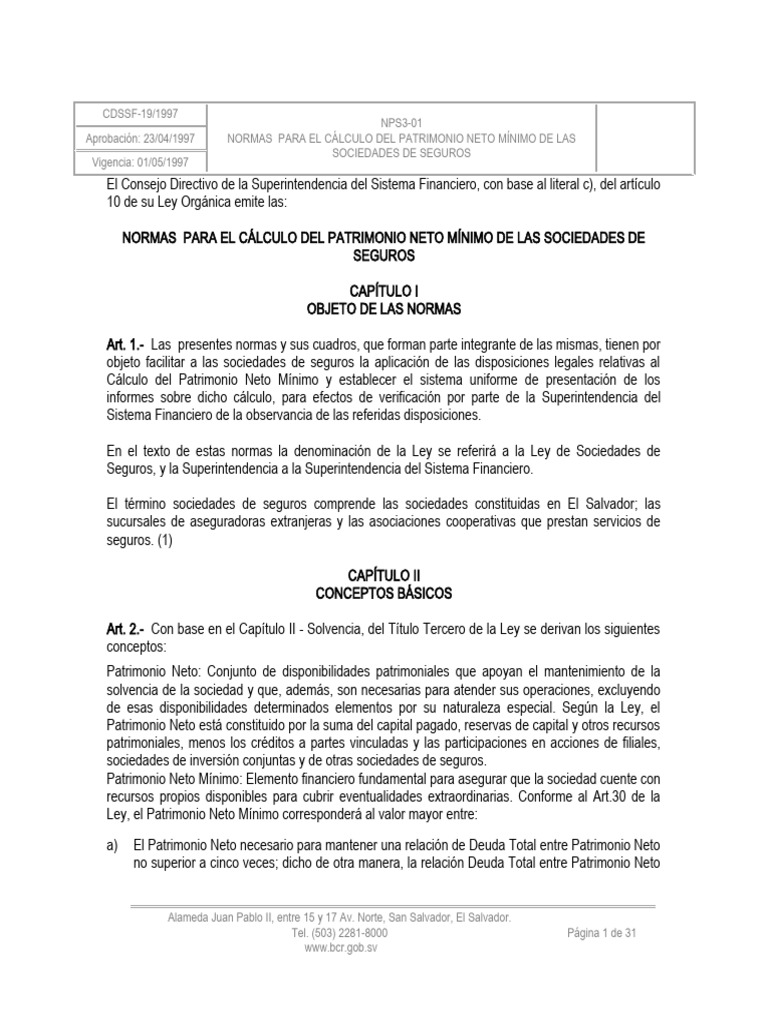 NPS3-01 Normas para El Cálculo Del Patrimonio Neto Mínimo de Las Sociedades de Seguros | PDF ...