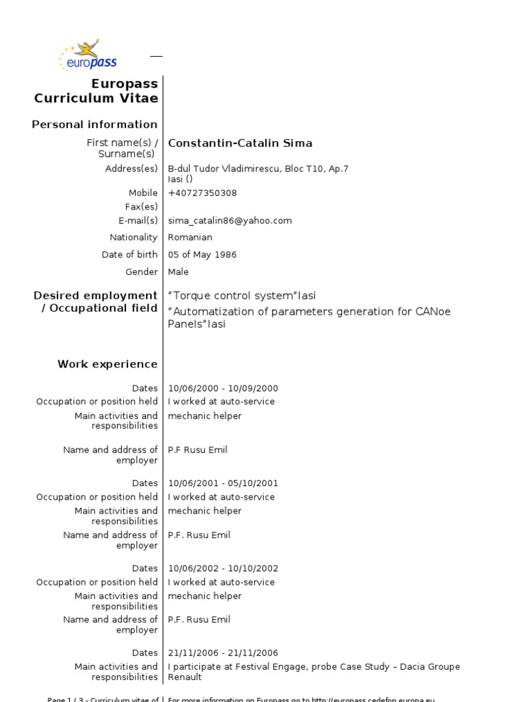 Europass Curriculum Vitae: Personal Information Constantin-Catalin Sima ...