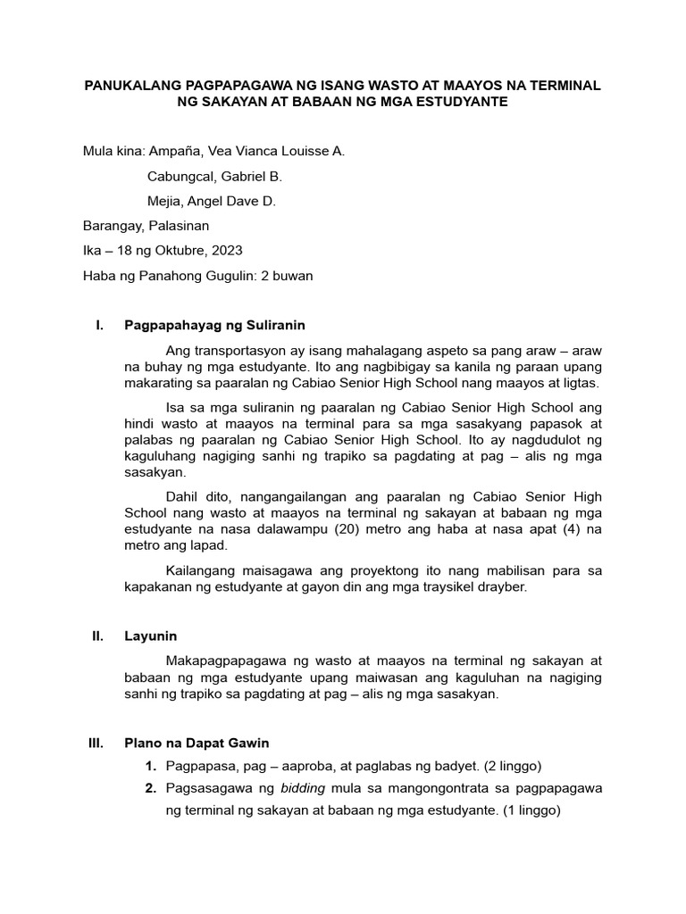 Panukalang Pagpapagawa NG Isang Wasto at Maayos Na Terminal NG Sakayan ...