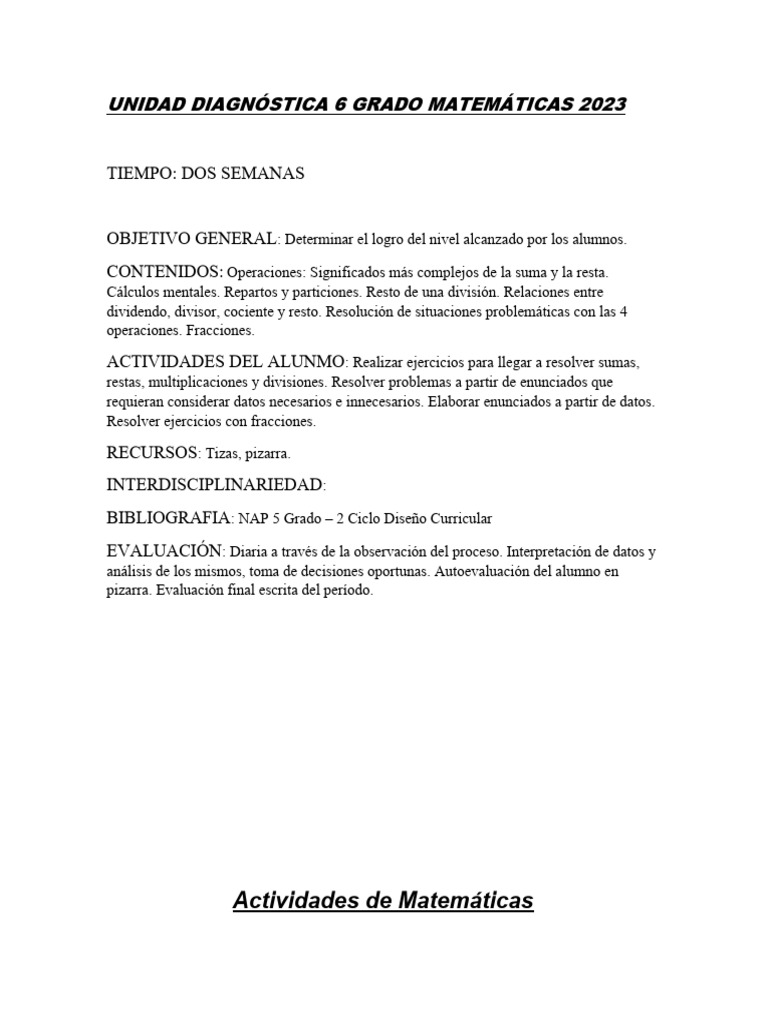UNIDAD DIAGNÓSTICA 6 GRADO MATEMÁTICAS 2023 | PDF | División ...