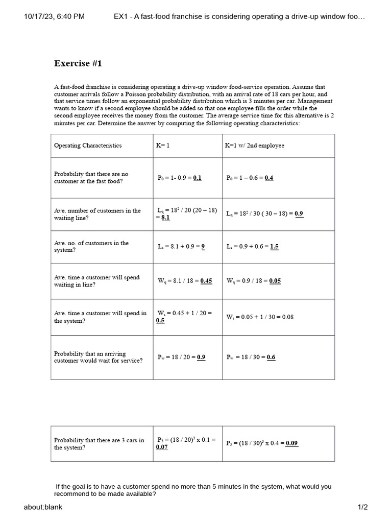 EX1 A Fast Food Franchise Is Considering Operating A Drive Up Window | PDF | Fast Food ...