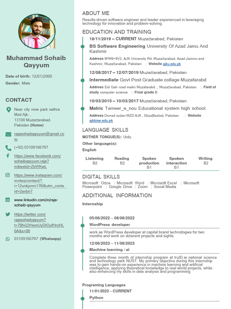 CV - New Muhammad Sohaib Qayyum | PDF | Computer Programming | Machine Learning