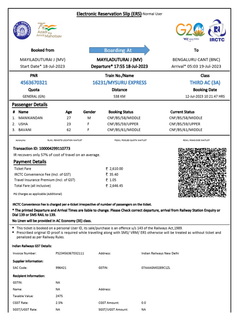 16231/mysuru Express Third Ac (3A) | PDF | Identity Document | Payments