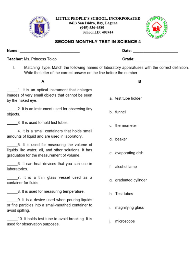 Science Test for Grade 4 Students | PDF | Liquids | Glasses