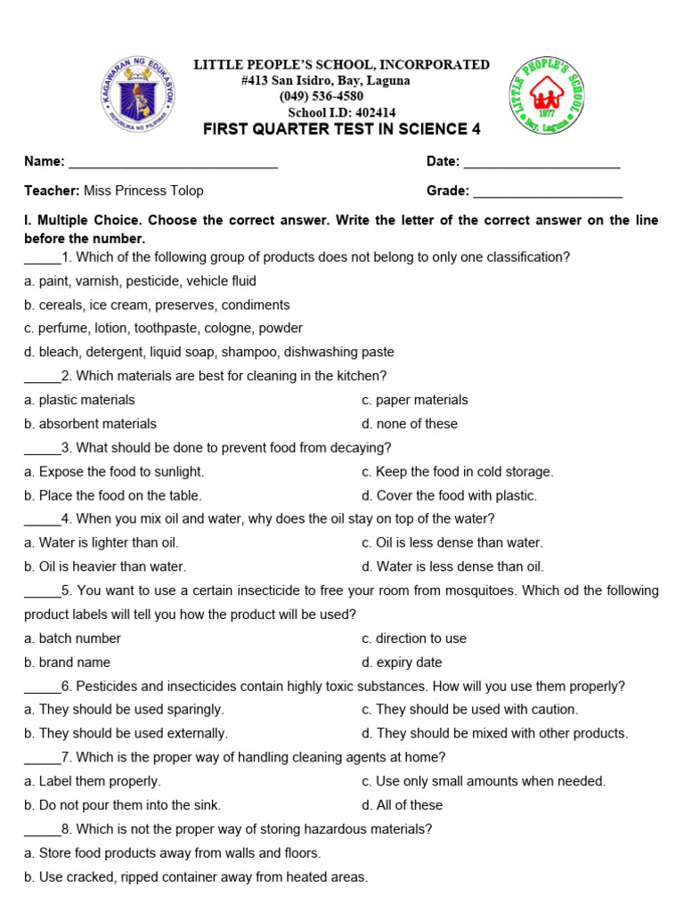1ST Quarter Test in Science 4 | PDF | Liquids | Water