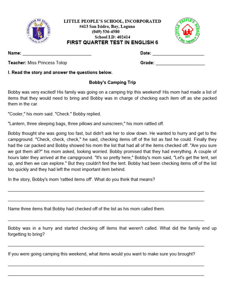1ST Quarter Test in English 6 | PDF | Word | Plural