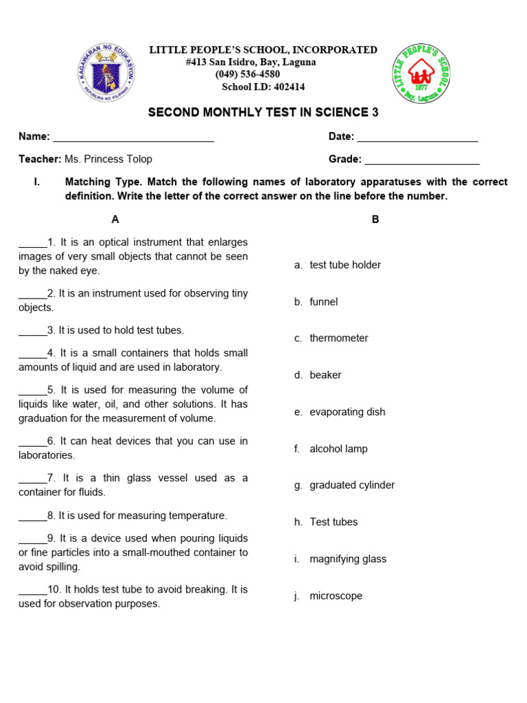 Grade 3 Science Lab Test Worksheet | PDF | Liquids | Volume
