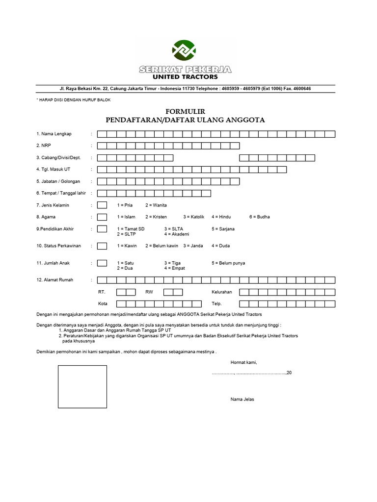 Formulir Pendaftaran Anggota SP UT | PDF