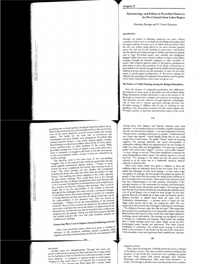 Rutanga & Kanyonza - Proverbial Names in Bakiga-Banyankore Uganda | PDF