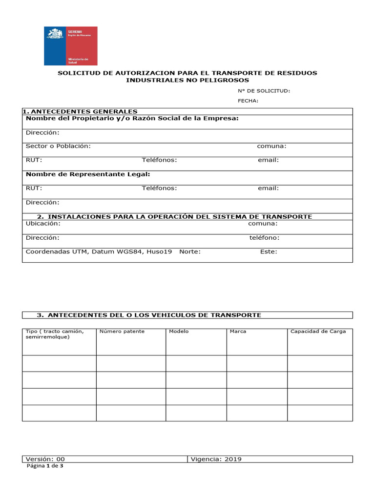 Solicitud de Autorizacion para El Transporte de Residuos Industriales No Peligrosos | Descargar ...