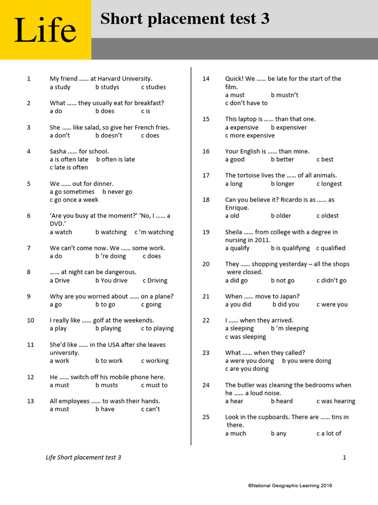 English Grammar Placement Test | PDF