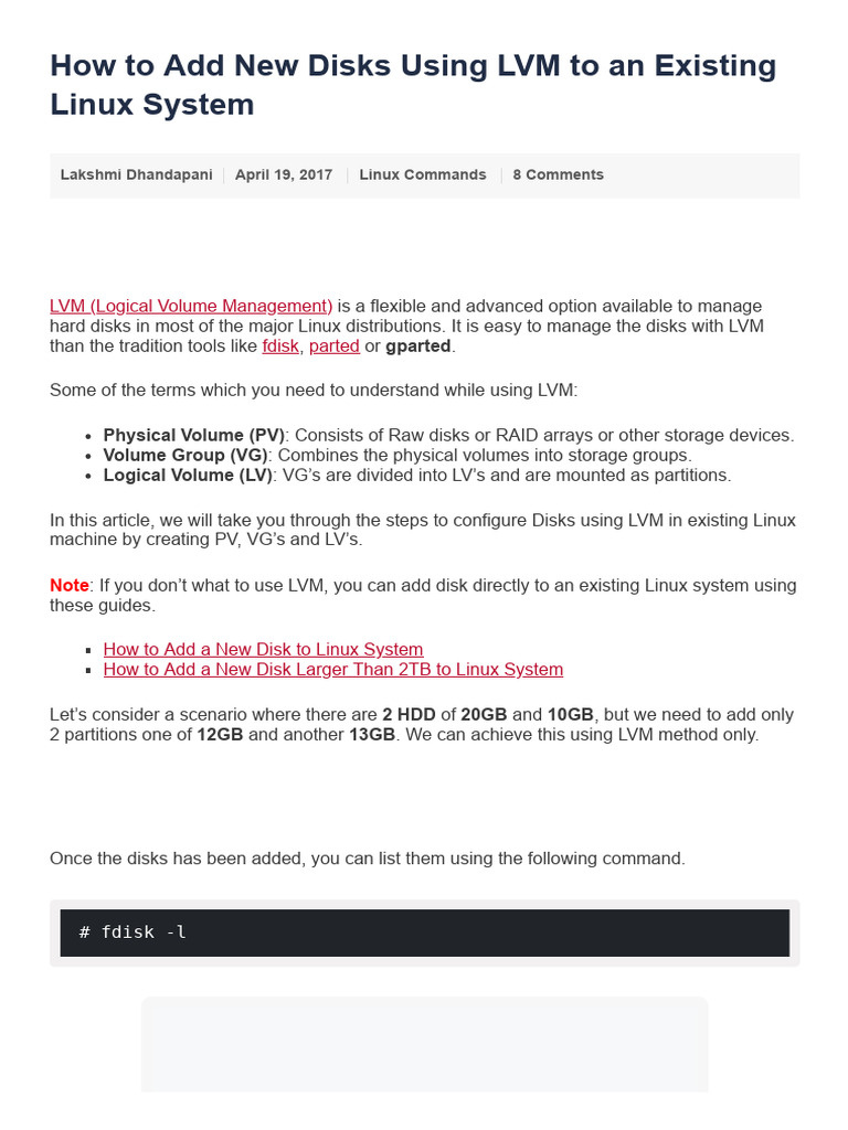 How To Add New Disks Using Lvm To An Existing Linux System Pdf Hard Disk Drive Computer