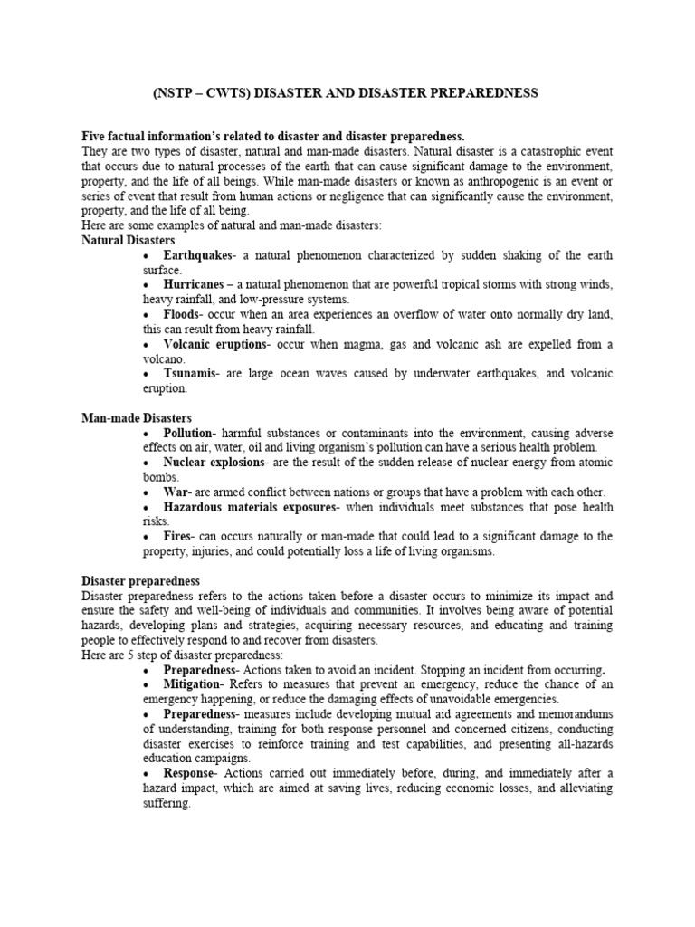 (NSTP - CWTS) Disaster and Disaster Preparedness Information | PDF ...