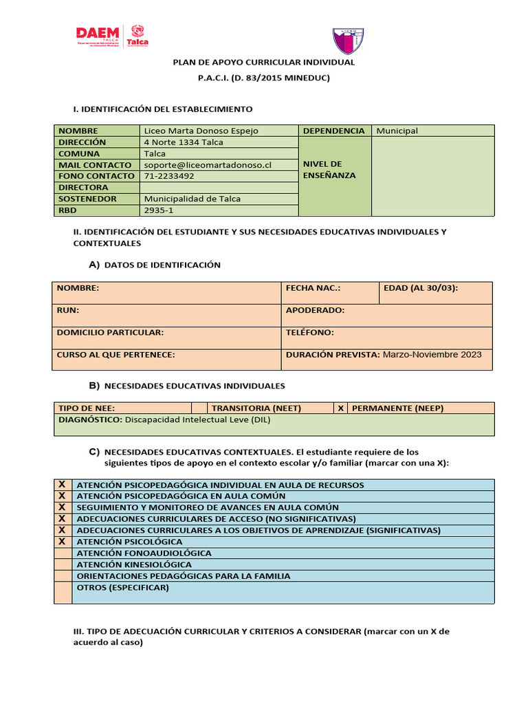 Formato PACI Permanente | Descargar gratis PDF | Maestros | Evaluación