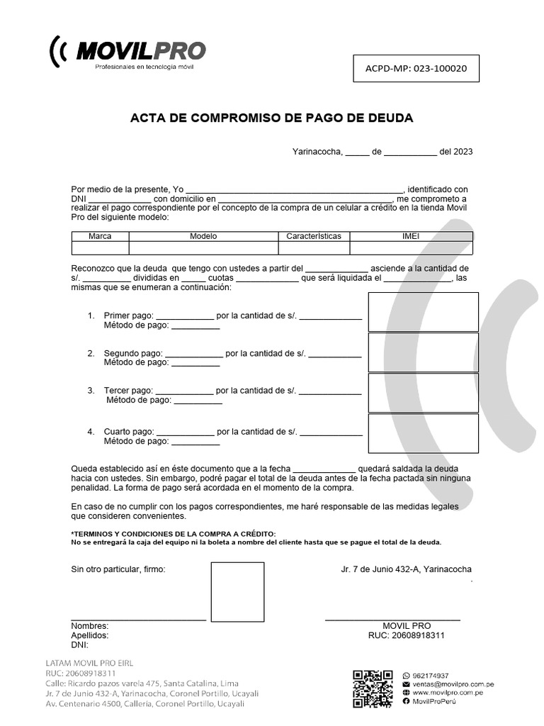 Acta de Compromiso de Pago de Deuda | PDF | Dinero | Economias