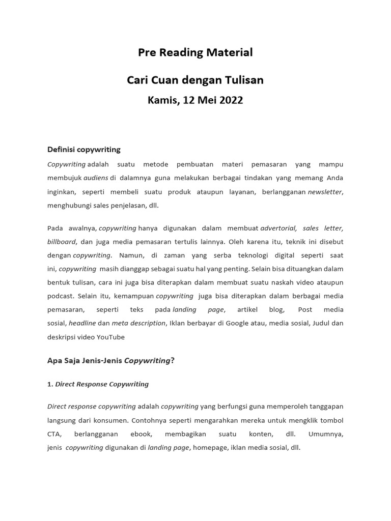 Pre Reading Material Cari Cuan Dengan Tulisan | PDF